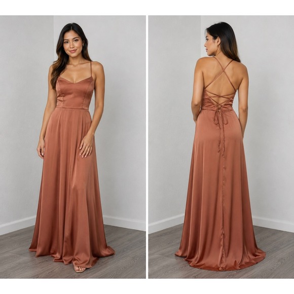 Azazie | Dresses | Azazie Rust Rose Gold Satin Maxi Dress A Lace Up ...